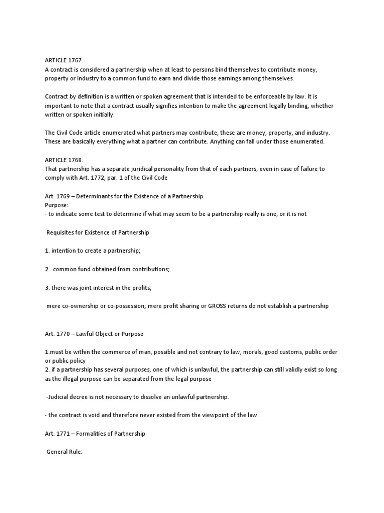 Article 1767 - 1867 Summary | PDF | Partnership | Law Of Agency