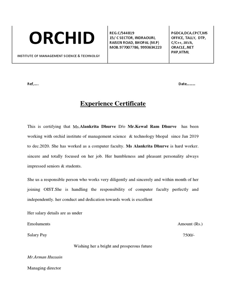 Orchid: Experience Certificate | PDF