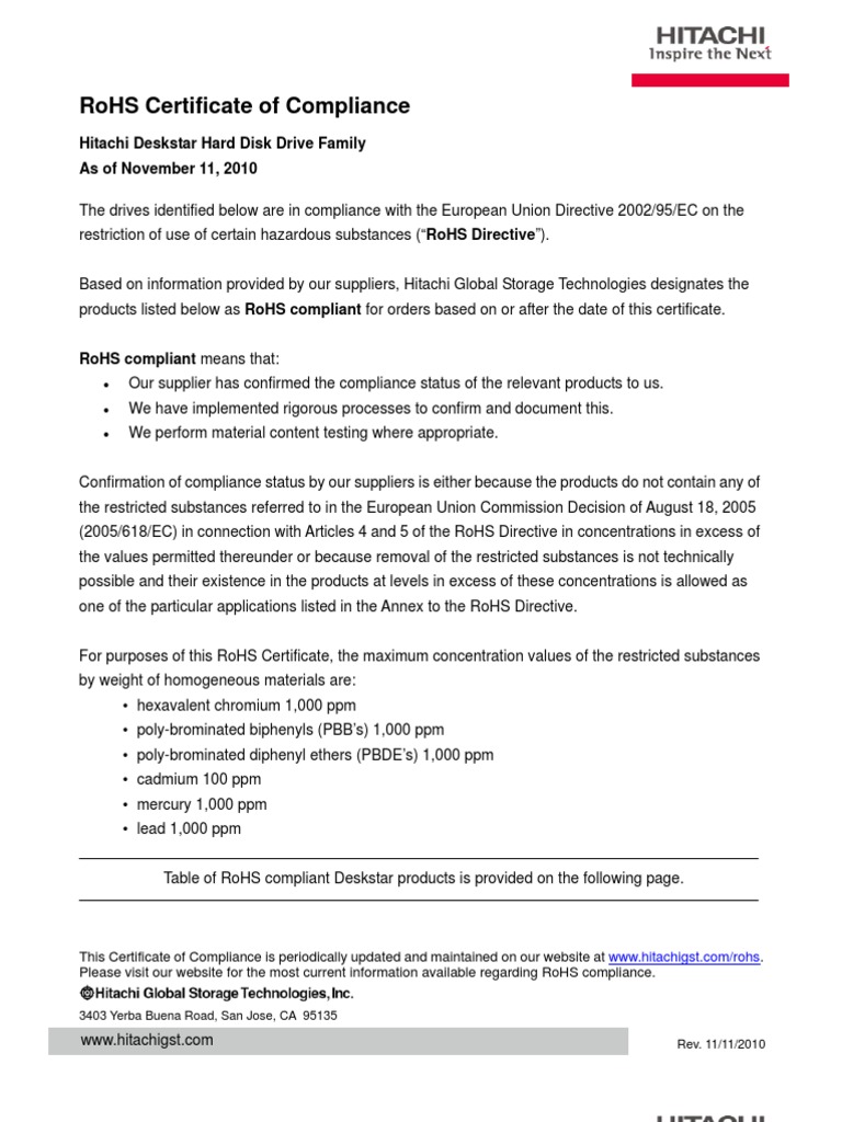 RoHS Compliance Deskstar 2010 | PDF | Business