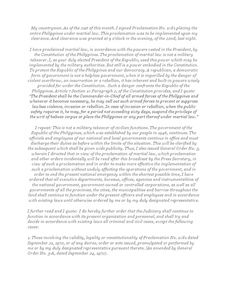 Proclamation No. 1081 Speech | PDF | Martial Law | Government