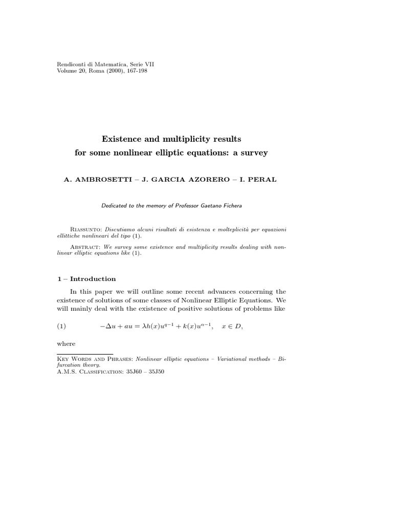 Existence and Multiplicity Results For Some Nonlinear Elliptic Equations: A Survey | PDF ...