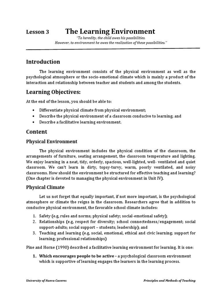 The Learning Environment: Lesson 3 | PDF | Classroom | Learning