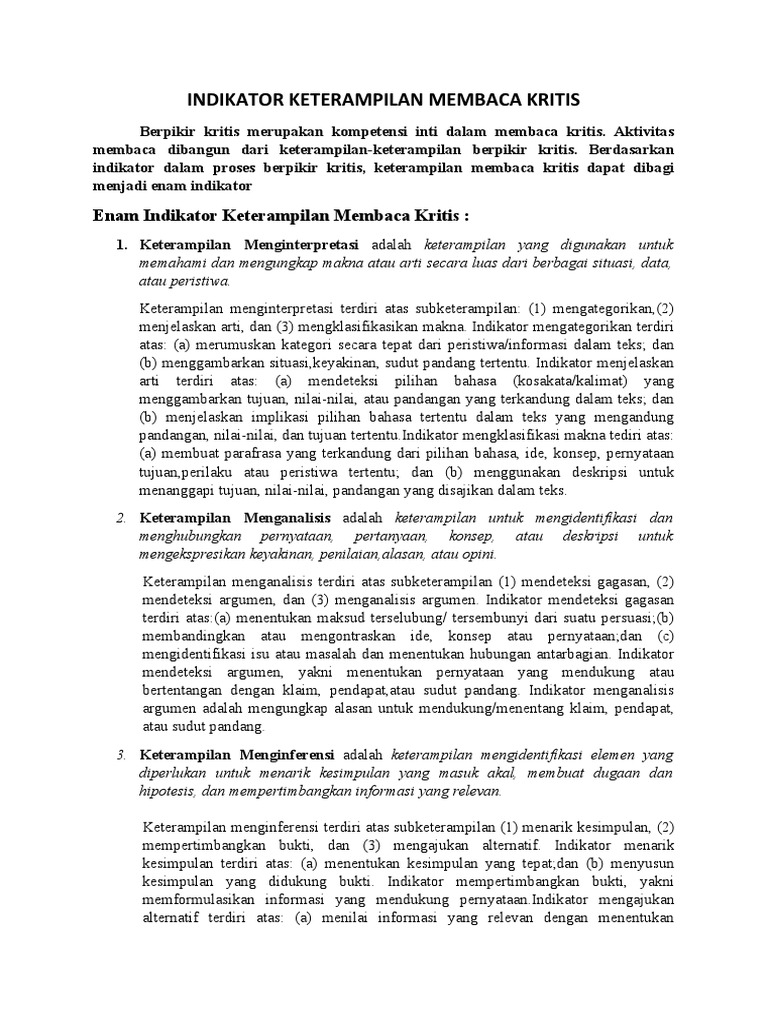 Indikator Keterampilan Membaca Kritis | PDF
