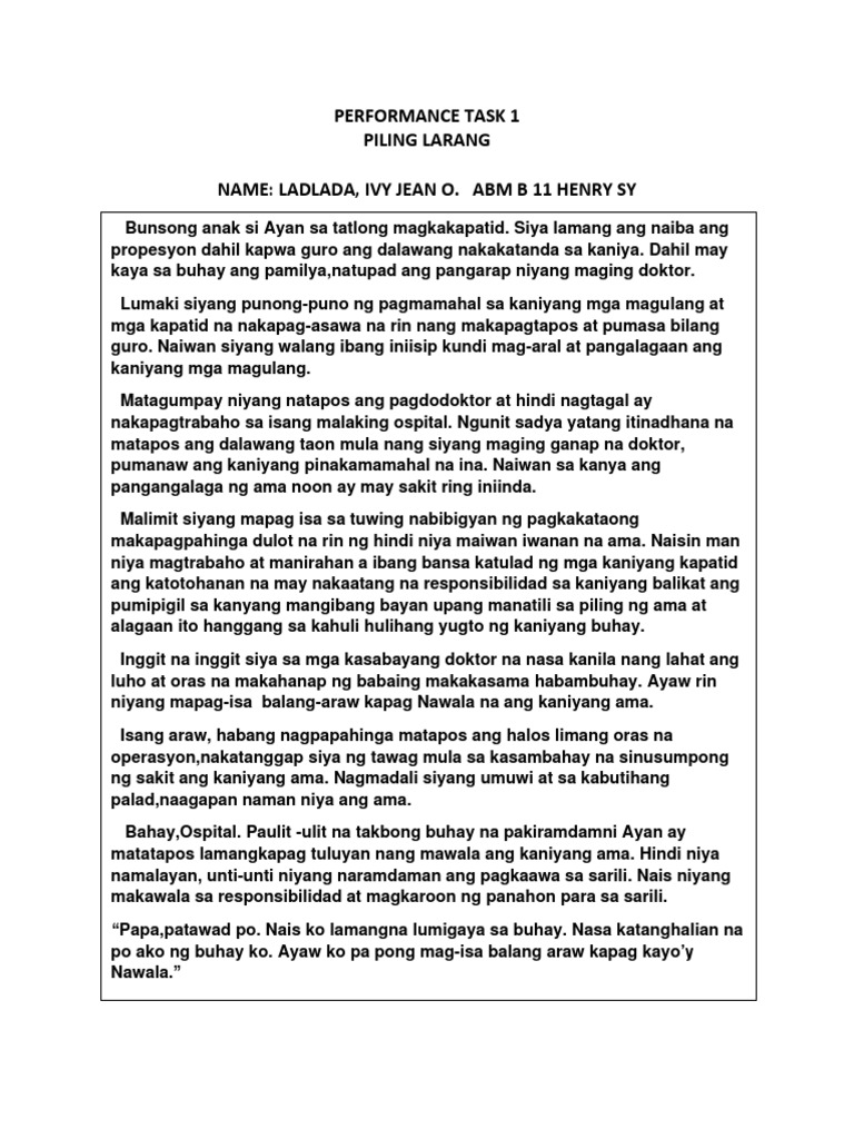 Performance Task 1 Piling Larang Name: Ladlada, Ivy Jean O. Abm B 11 Henry Sy | PDF