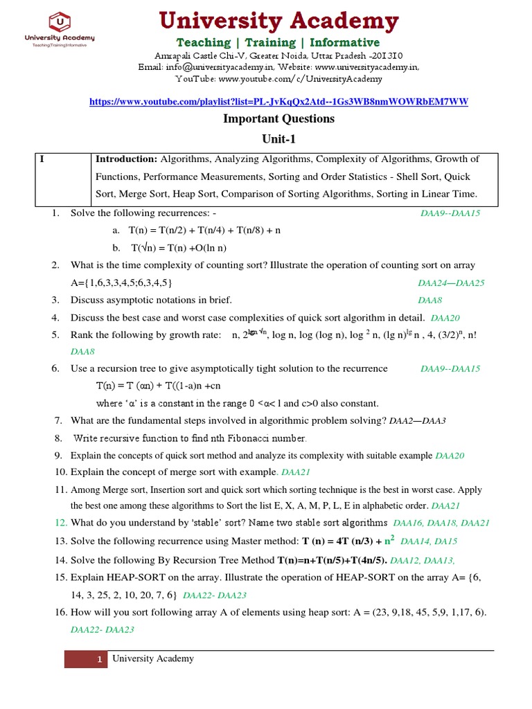 Important Questions Unit-1: I Introduction: Algorithms, Analyzing ...