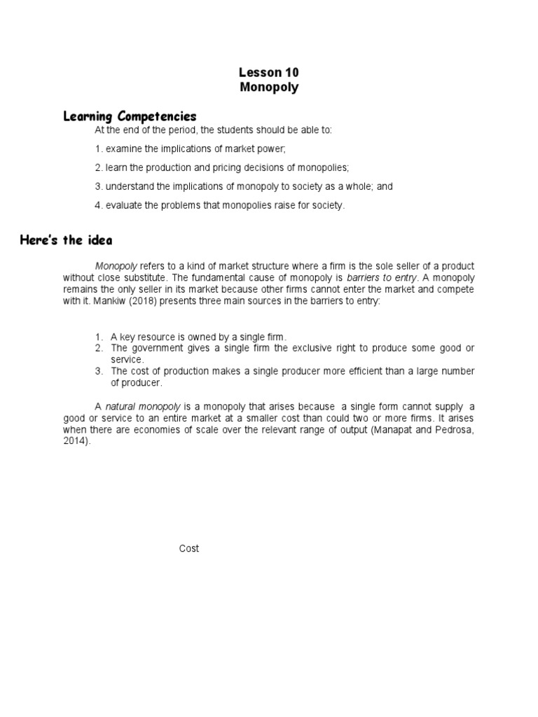 Lesson 10 Monopoly Learning Competencies | PDF | Monopoly | Demand