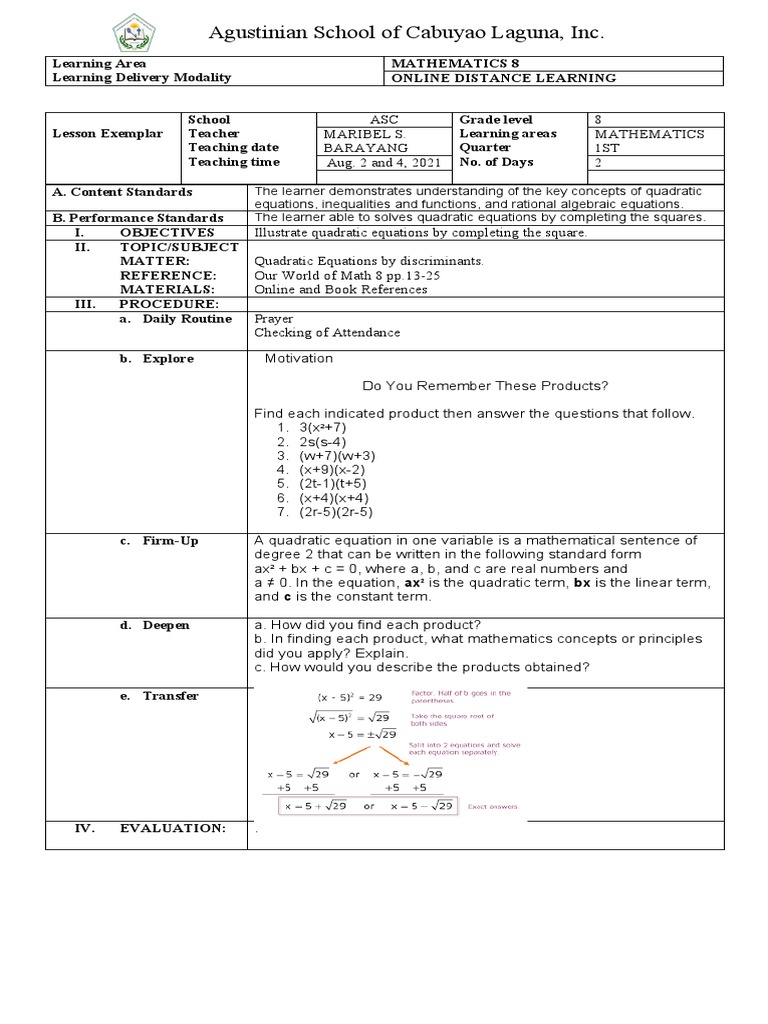 Mathematics 8 Lesson on Quadratic Equations | PDF | Equations ...