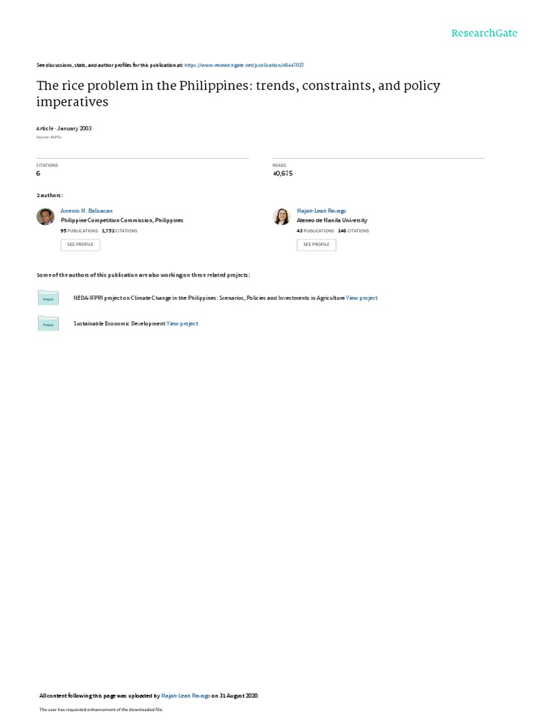 The Rice Problem in The Philippines: Trends, Constraints, and Policy ...