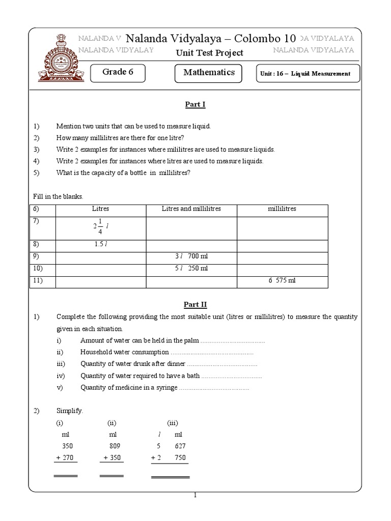 Nalanda Vidyalaya - Colombo 10: Grade 6 Unit Test Project Project ...
