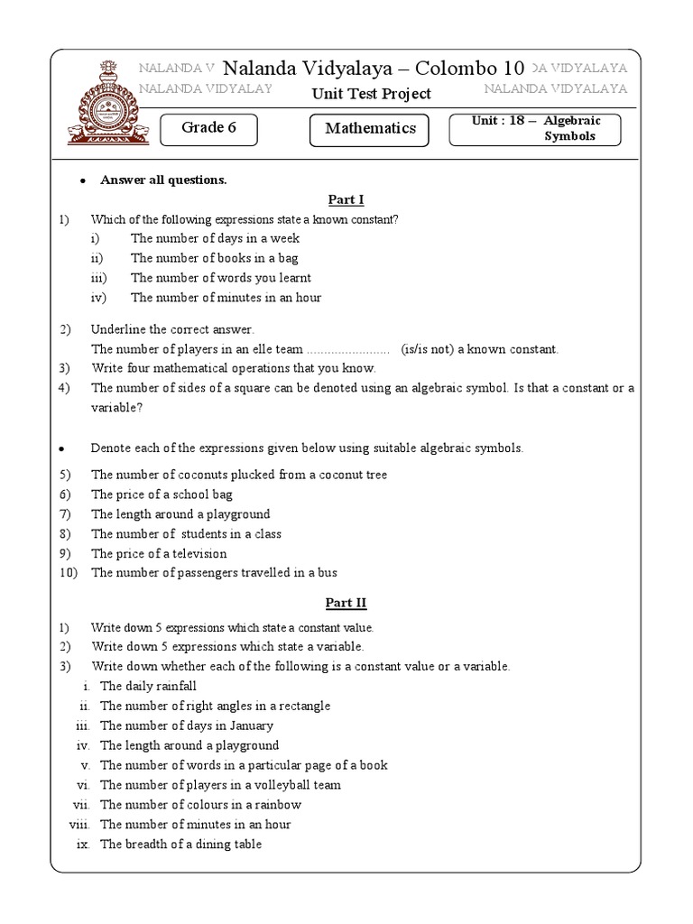 Nalanda Vidyalaya - Colombo 10: Grade 6 Unit Test Project Project ...