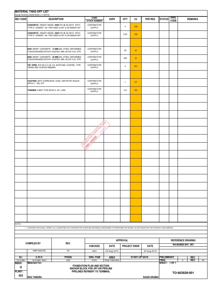Material Take-Off List: Saudi Aramco 6228-ENG (11/2010) | PDF ...