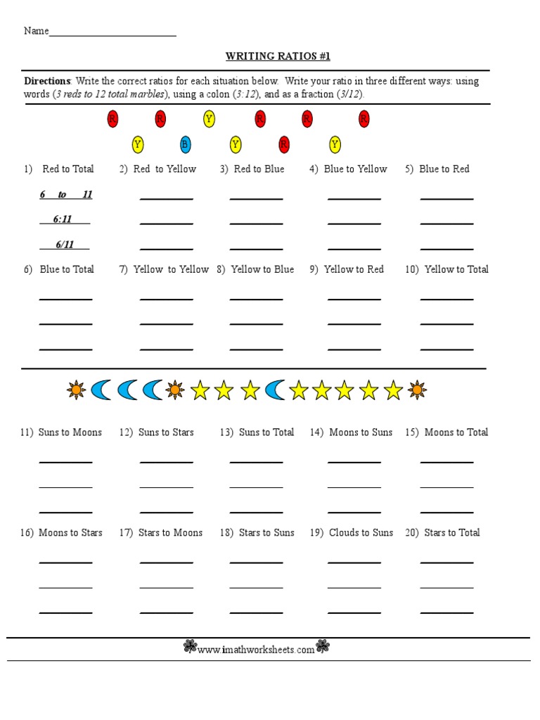 Writing Ratios #1 Directions: Write The Correct Ratios For Each ...