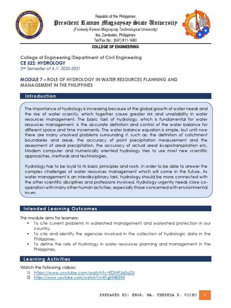 Hydrology Module 7.ROLE OF HYDROLOGY IN WATER RESOURCES PLANNING AND ...