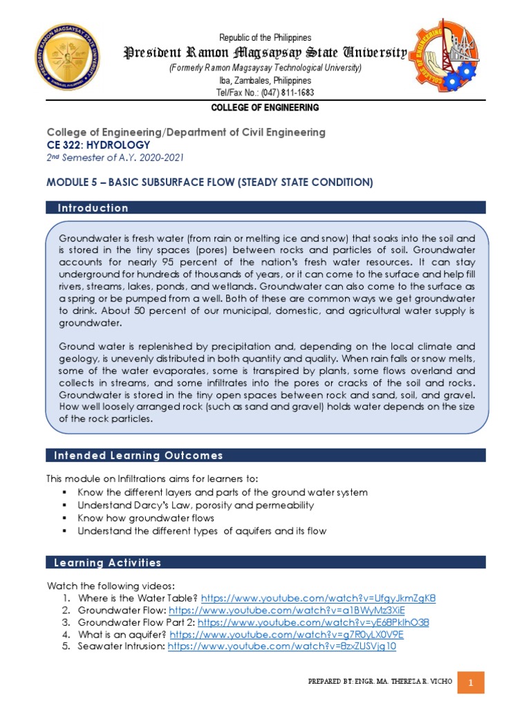 Hydrology Module 5.BASIC SUBSURFACE FLOW | PDF | Aquifer | Porosity