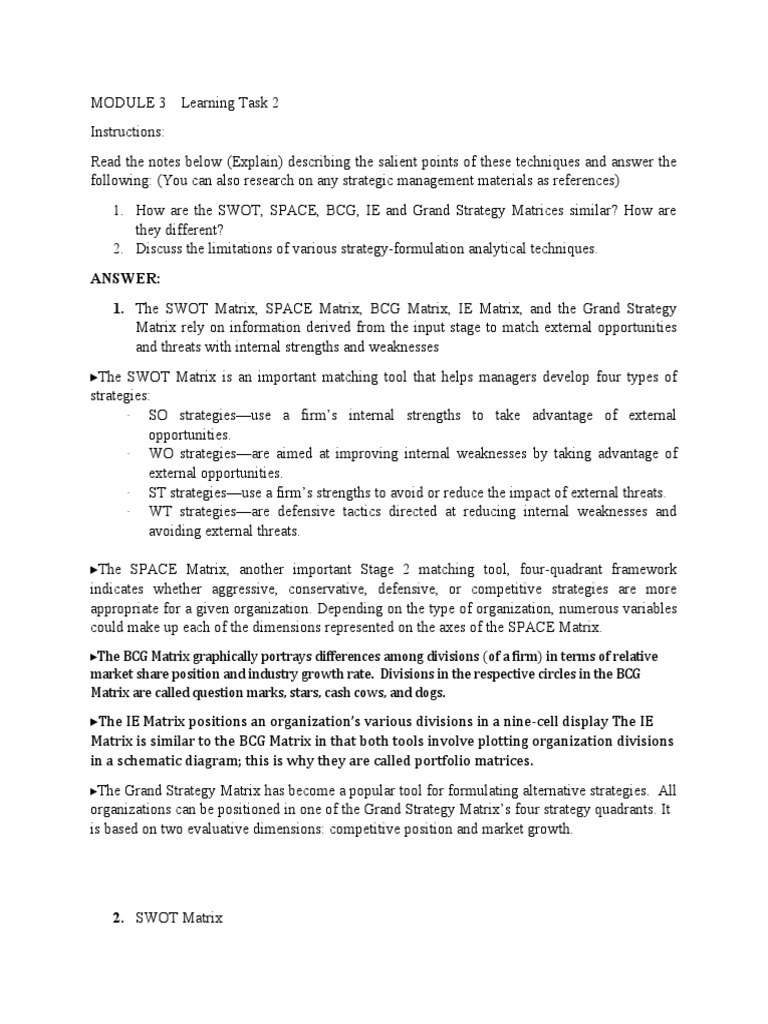 MODULE 3learning Task 2 | PDF | Swot Analysis | Matrix (Mathematics)