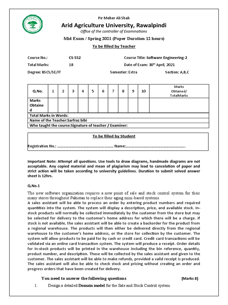Arid Agriculture University, Rawalpindi: Mid Exam / Spring 2021 (Paper ...