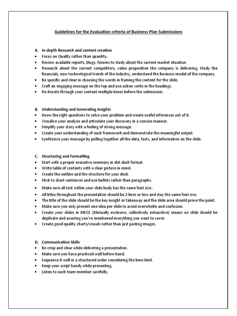 Guidelines For The Evaluation Criteria of Business Plan Submissions ...