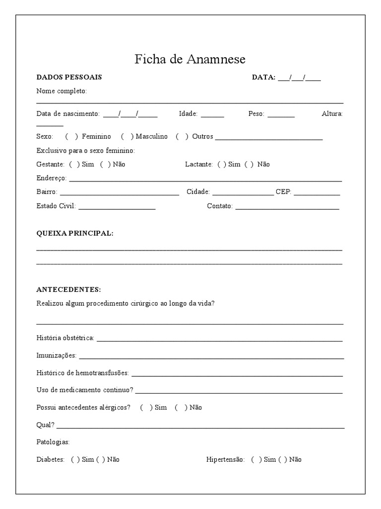 Ficha de Anamnese | PDF | Remédio | Ciências da Saúde