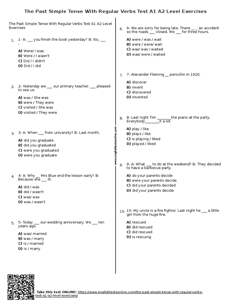 Past Simple Regular Verbs Test A1-A2 | PDF | Grammar