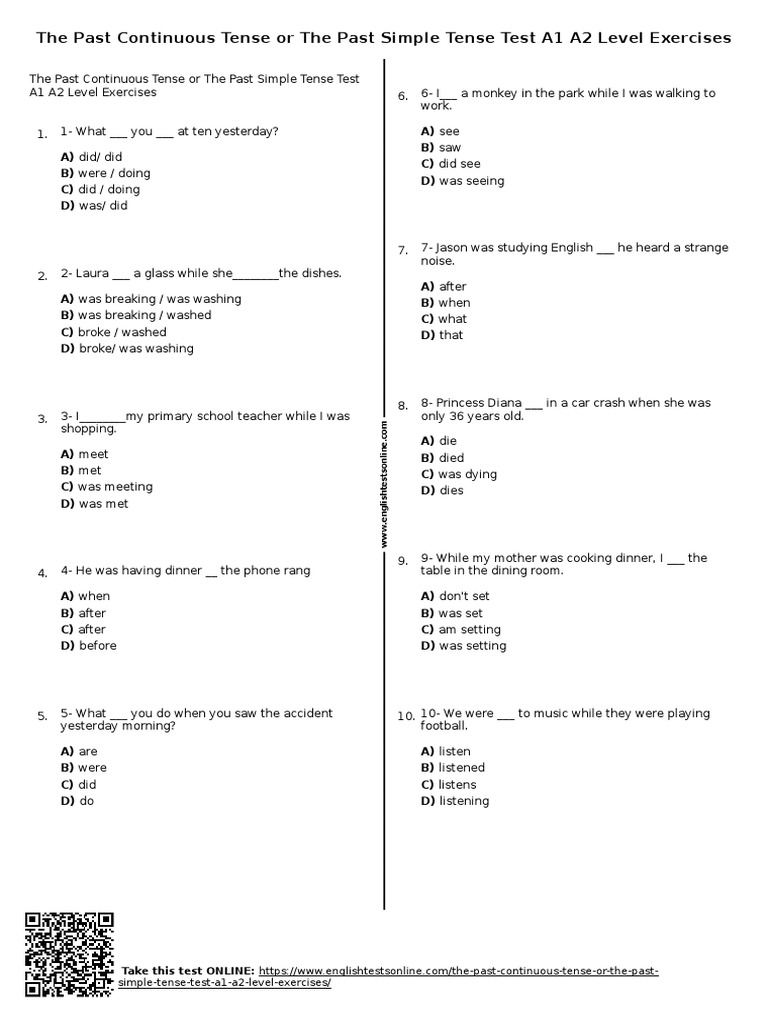 437QP - The Past Continuous Tense or The Past Simple Tense Test A1 A2 ...
