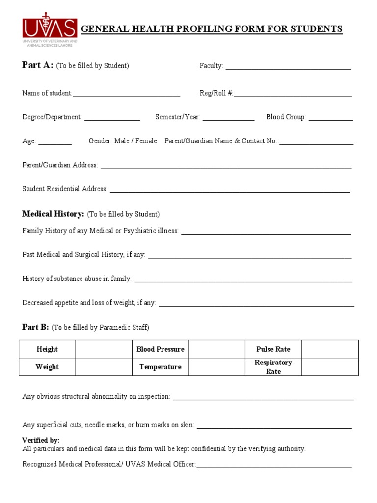 General Health Profiling Form For Students | PDF
