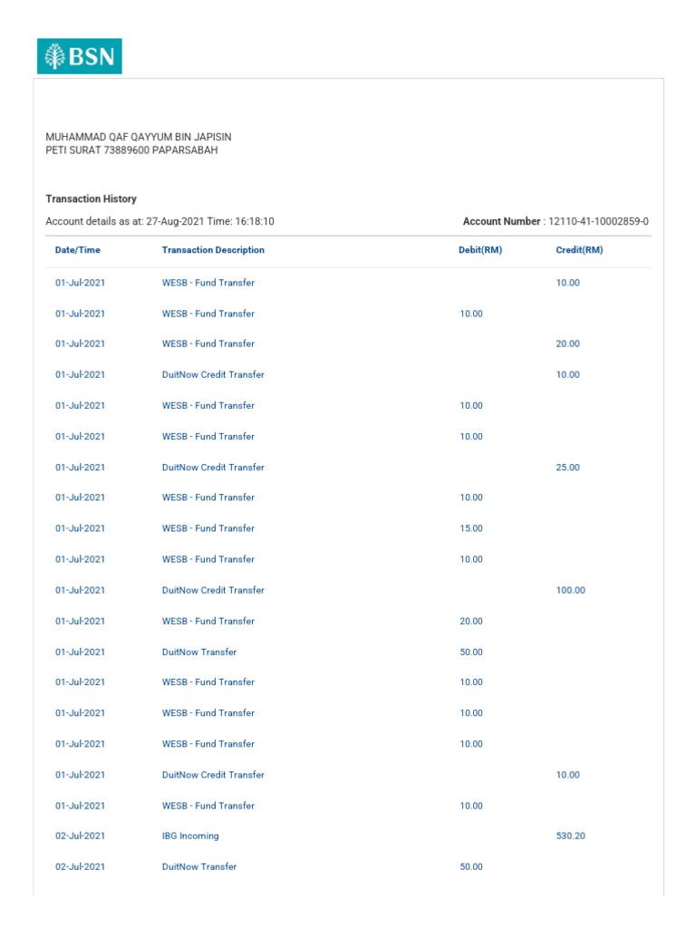 Penyata BSN | PDF | Financial Transaction | Debit Card
