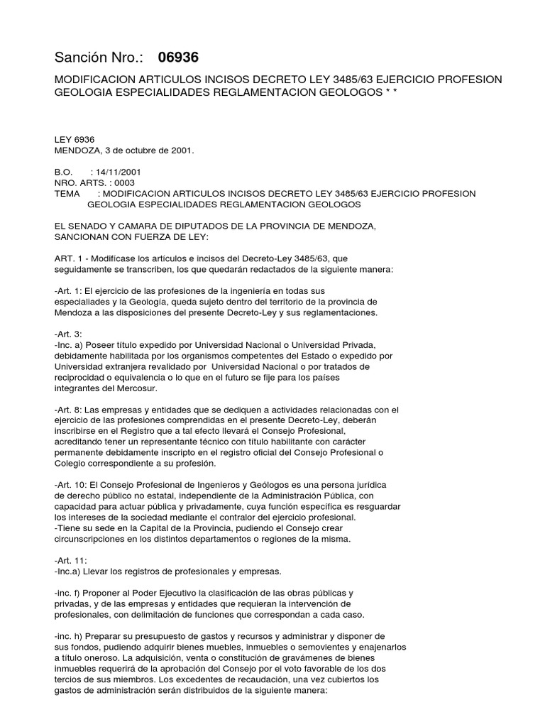 LEY 6936 - Ejercicio de La Profesion | PDF | Regulación | Presupuesto