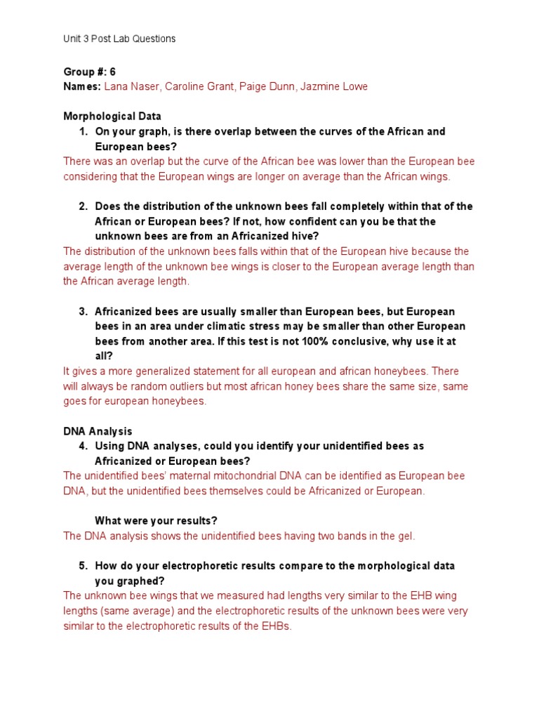 Unit 3 Post Lab Questions | PDF | Honey Bee | Western Honey Bee