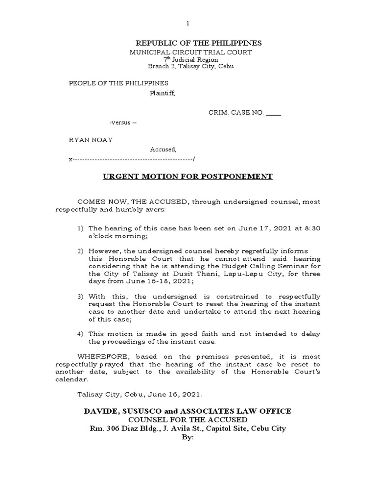 Motion to Postpone Hearing in Cebu Case | PDF | Public Sphere | Justice