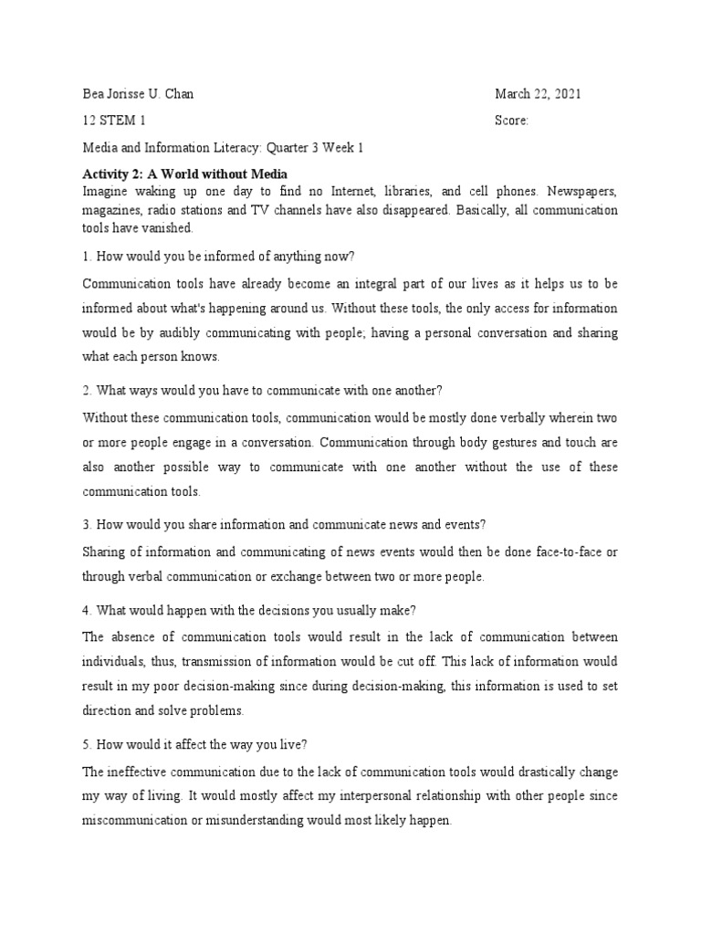 A World Without Media, Chan Bea Jorisse, Stem 1 | PDF | Communication ...