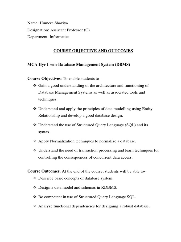 Course Objective and Outcomes | PDF | Databases | Sql