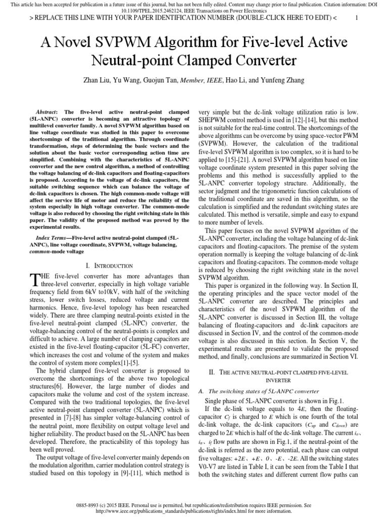 4a Novel Svpwm Algorithm For Five Level Active Neutral Point Clamped 9457