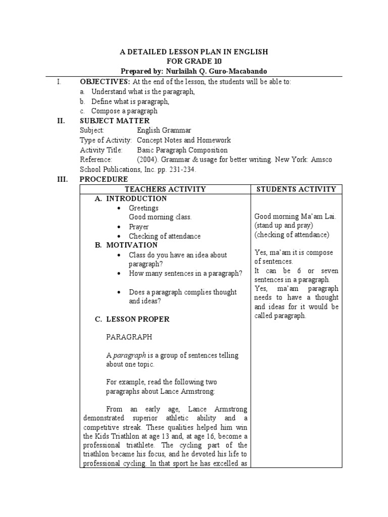 Grade 10 English: Paragraph Writing Lesson | PDF | Paragraph | Lesson Plan