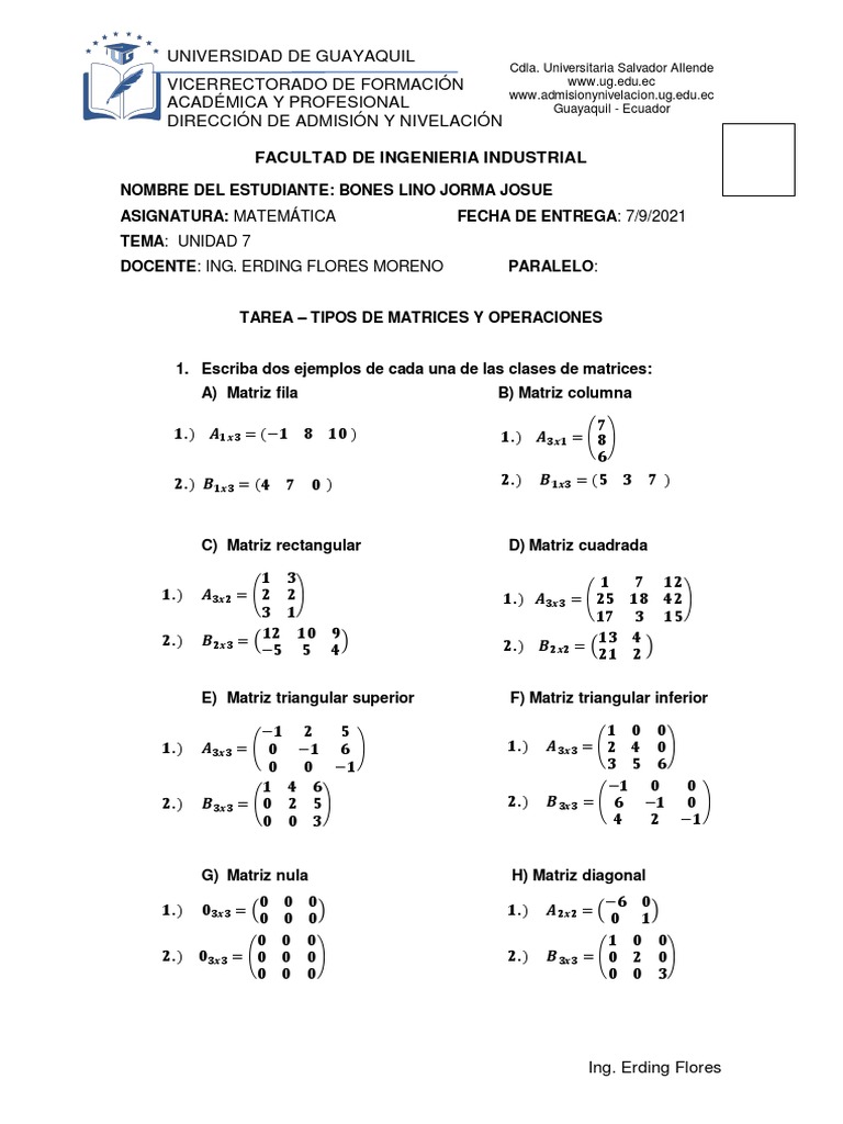 Tarea - Tipos y Operaciones Entre Matrices | PDF | Matriz (Matemáticas) | Análisis funcional