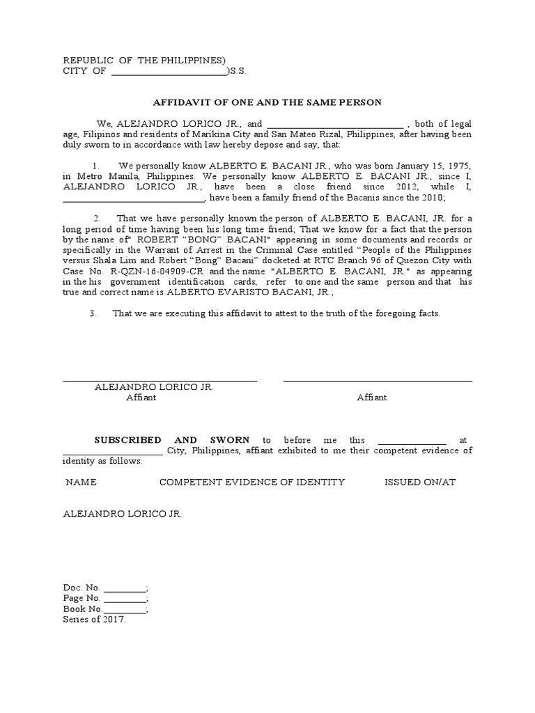 Affidavit of Same Person Sample | PDF