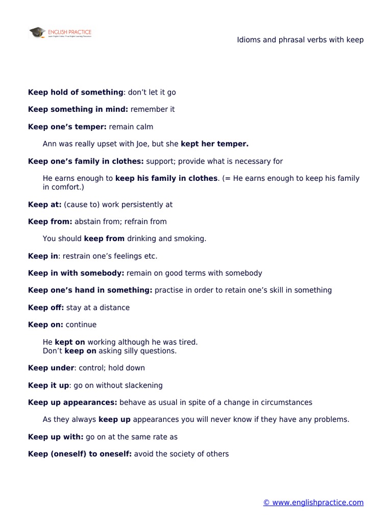 Idioms and Phrasal Verbs With Keep | PDF | Self-Improvement | Wellness