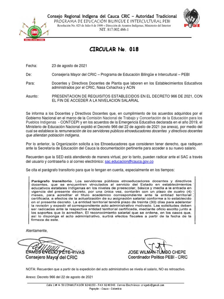 Circular No. 018 de 2021 - Nivelación Salarial Etnoeducadores | PDF