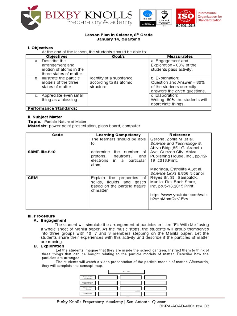 8th Grade Science Lesson Plan: Matter | PDF | Matter | Gases