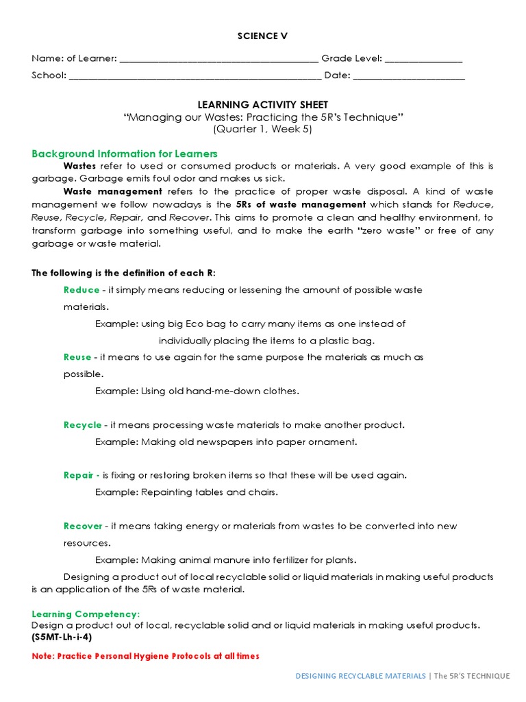 5Rs Waste Management Activity Sheet | PDF | Waste | Waste Management