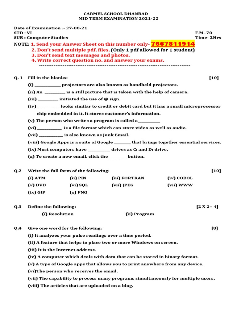 STD - Vi Comp. - Question Paper | PDF | Computer File | Digital Technology