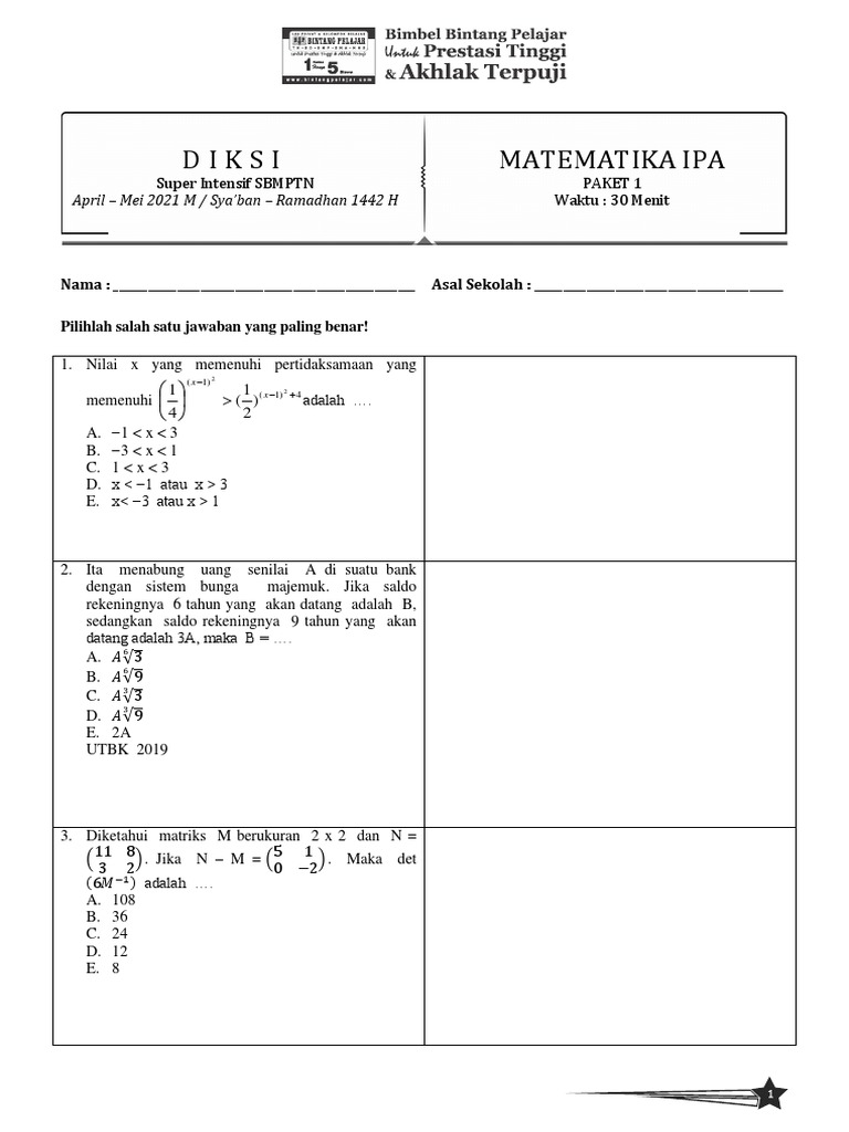 Soal DIKSI SI SBMPTN - MATEMATIKA IPA - Paket 1 (Layout) TA 20-21 | PDF