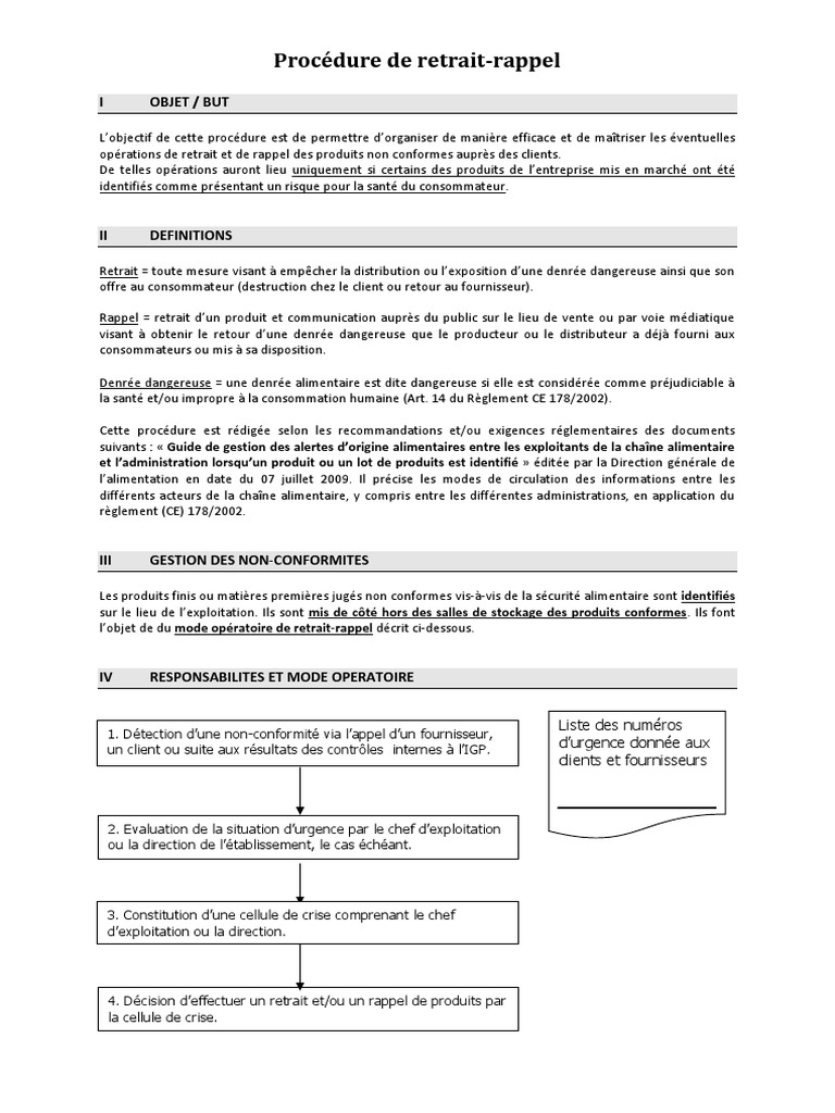 Procedure Retrait Rappel - V2020 | PDF | Nourritures