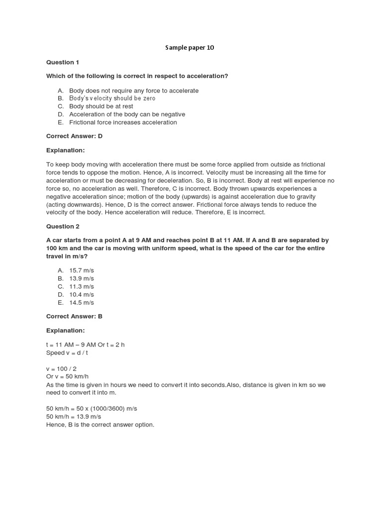 Physics Sample Questions & Answers | PDF | Acceleration | Force