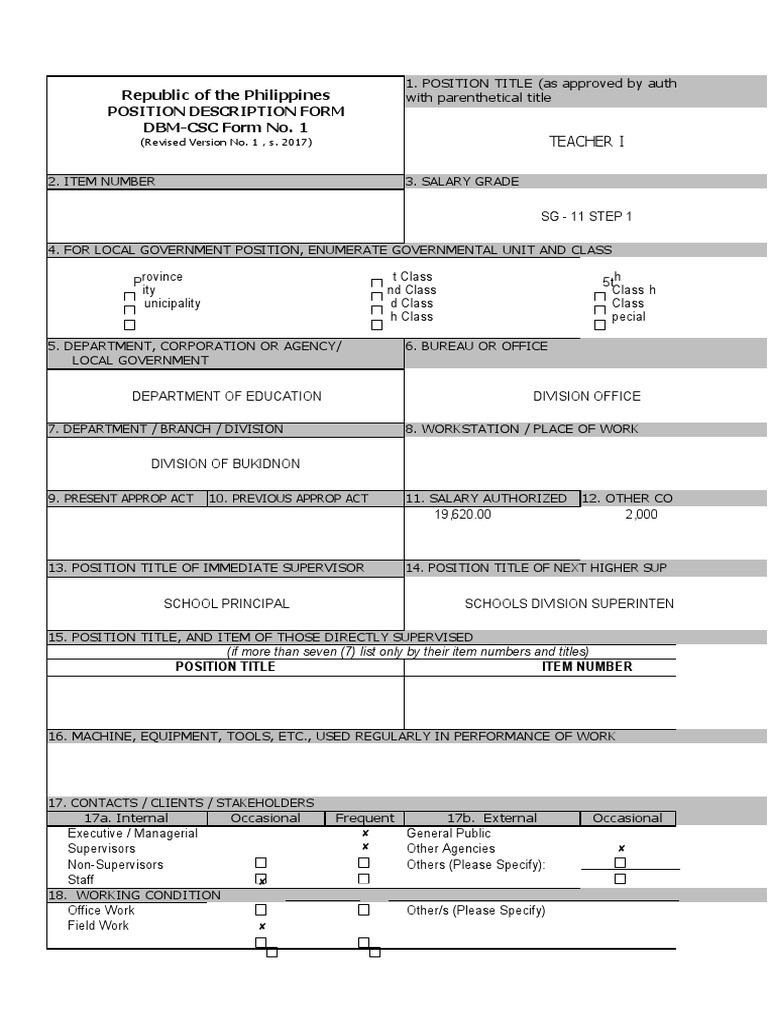 DBM CSC Form No 1 Position Description Forms Teacher I | PDF | Teachers ...