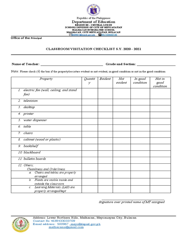 CLASSROOM VISITATION CHECKLIST S.Y.2020 2021 Final | PDF