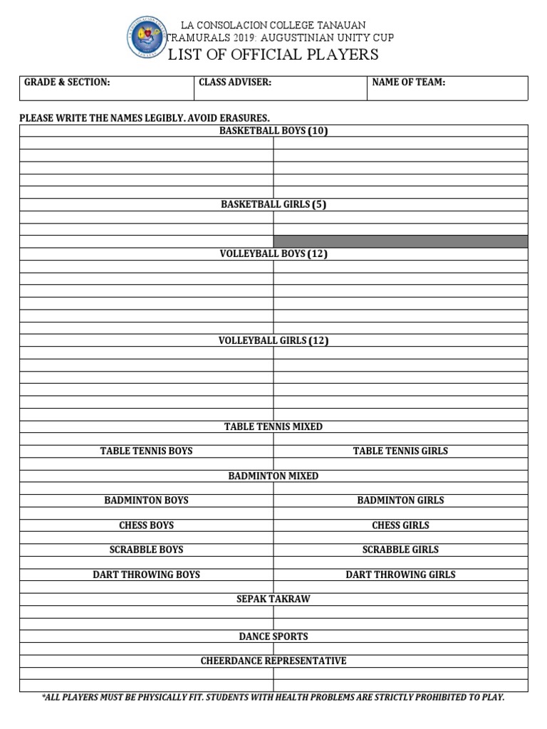 List of Official Players: Intramurals 2019: Augustinian Unity Cup | PDF