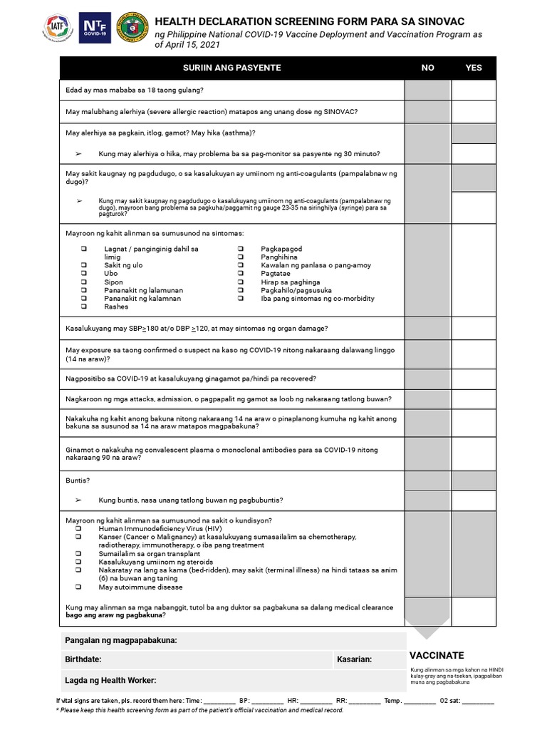 Sinovac Health Declaration Screening Form Fil - April 15 2021 | PDF