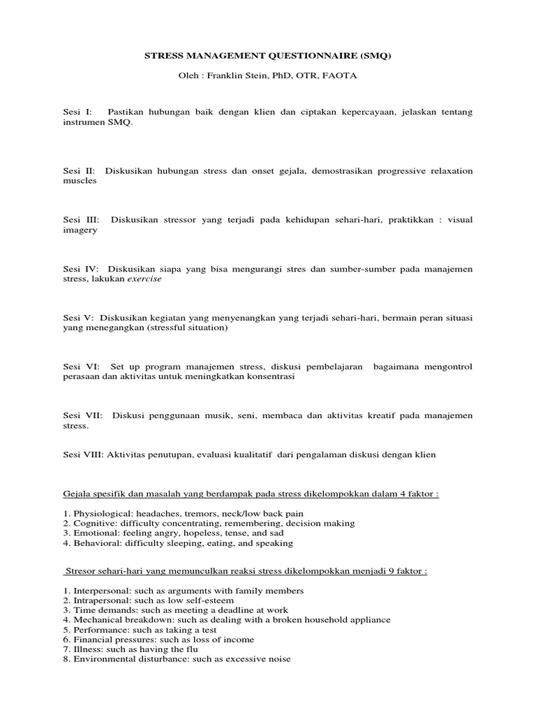 Stress Management Questionnaire (SMQ) | PDF