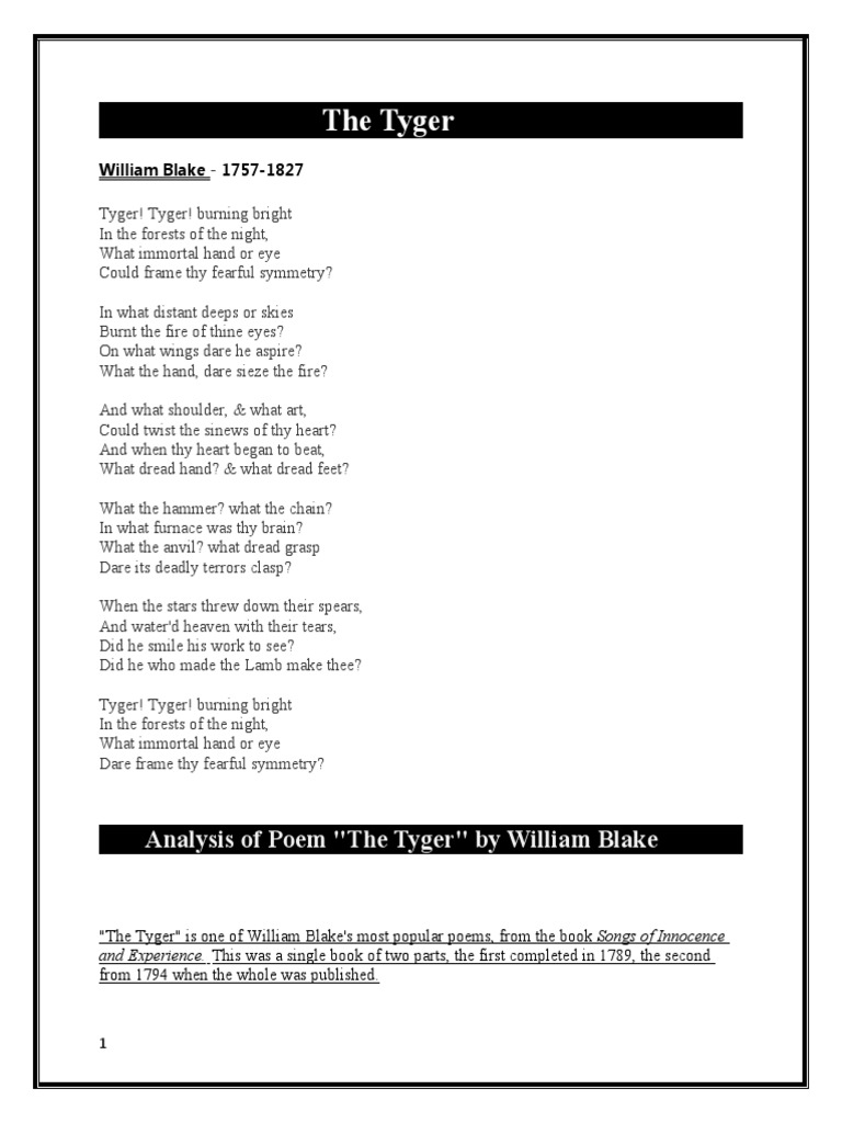 The Tyger: Analysis of Poem "The Tyger" by William Blake | PDF ...