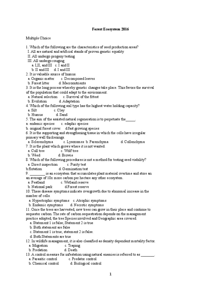 Forest Ecosystem Multiple Choice Questions | PDF | Root | Plants
